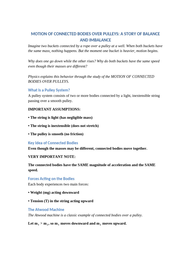 Motion of Connected Bodies Over Pulleys Formatted Notes | PDF | Tension ...
