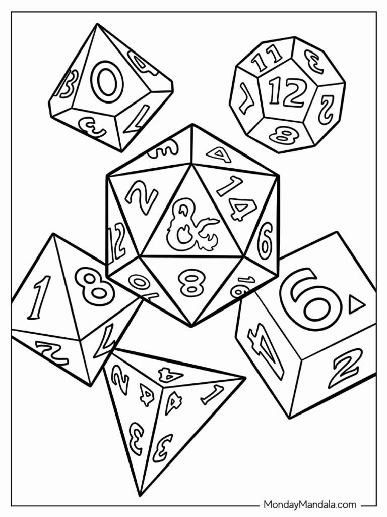 Simple Dungeons and Dragons Dice Set Coloring Sheet | PDF