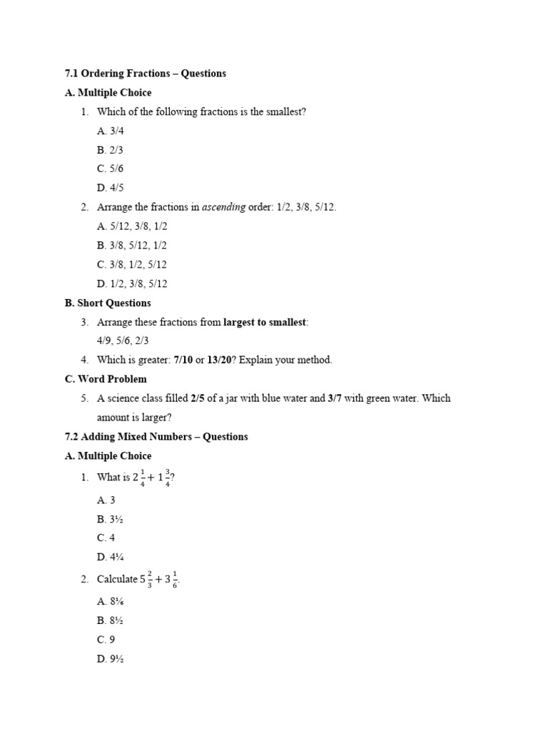 Fraction Operations Practice Questions | PDF | Odds | Arithmetic