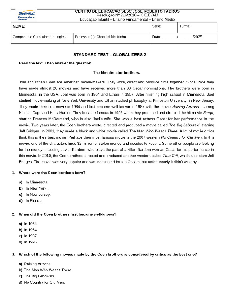 Coen Brothers Film Study Worksheet | PDF