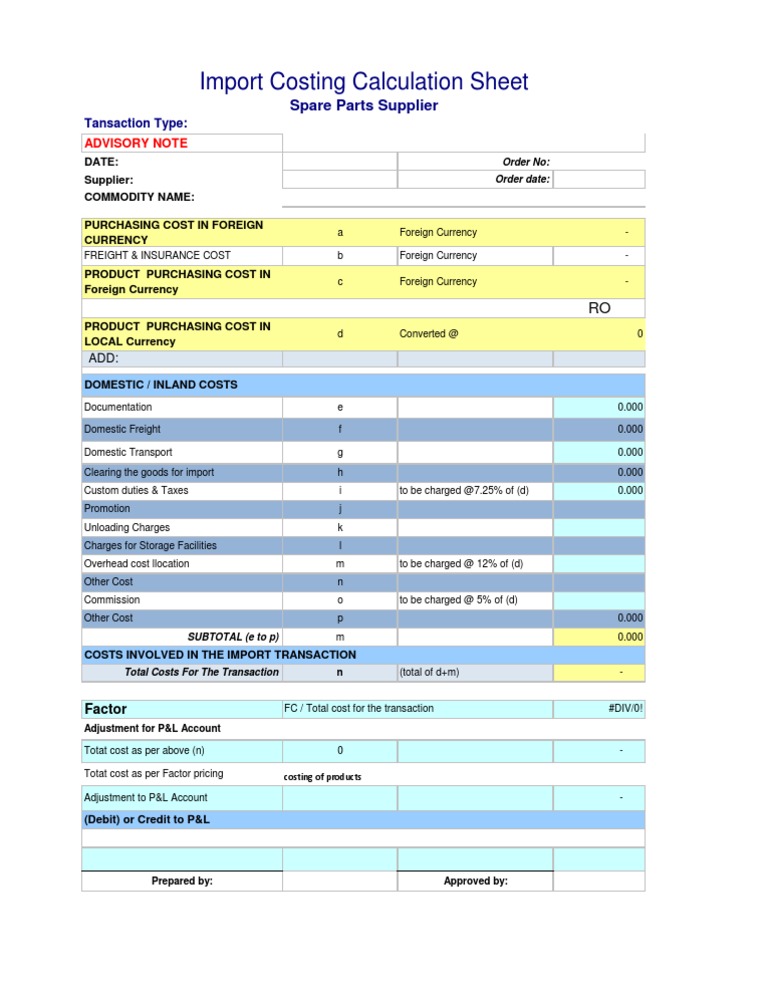 Import Costing Sheet - TACE