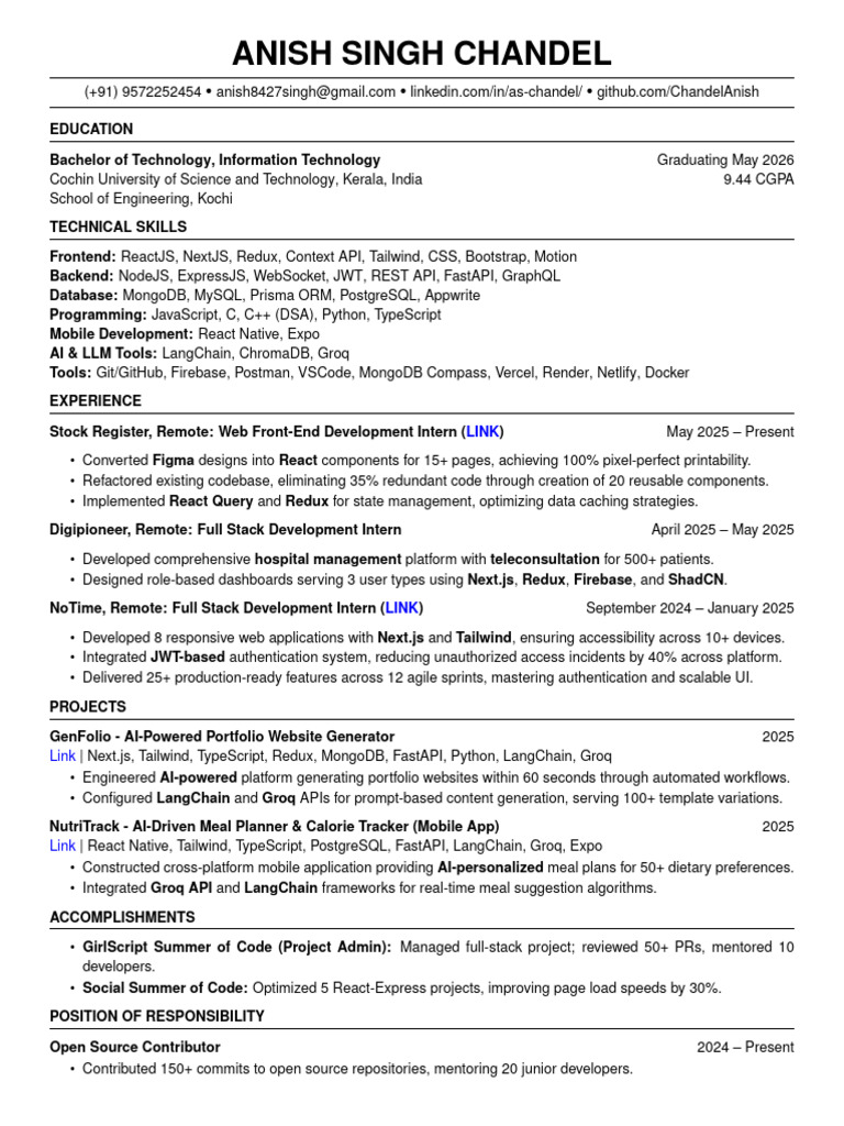 Anish Singh Chandel Resume | PDF | Software Engineering | Software