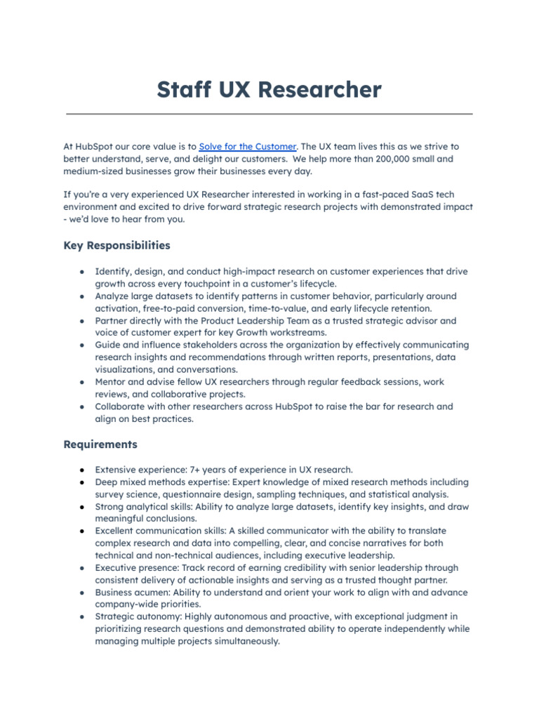 Senior UX Researcher Role at HubSpot | PDF | Leadership | Mindset