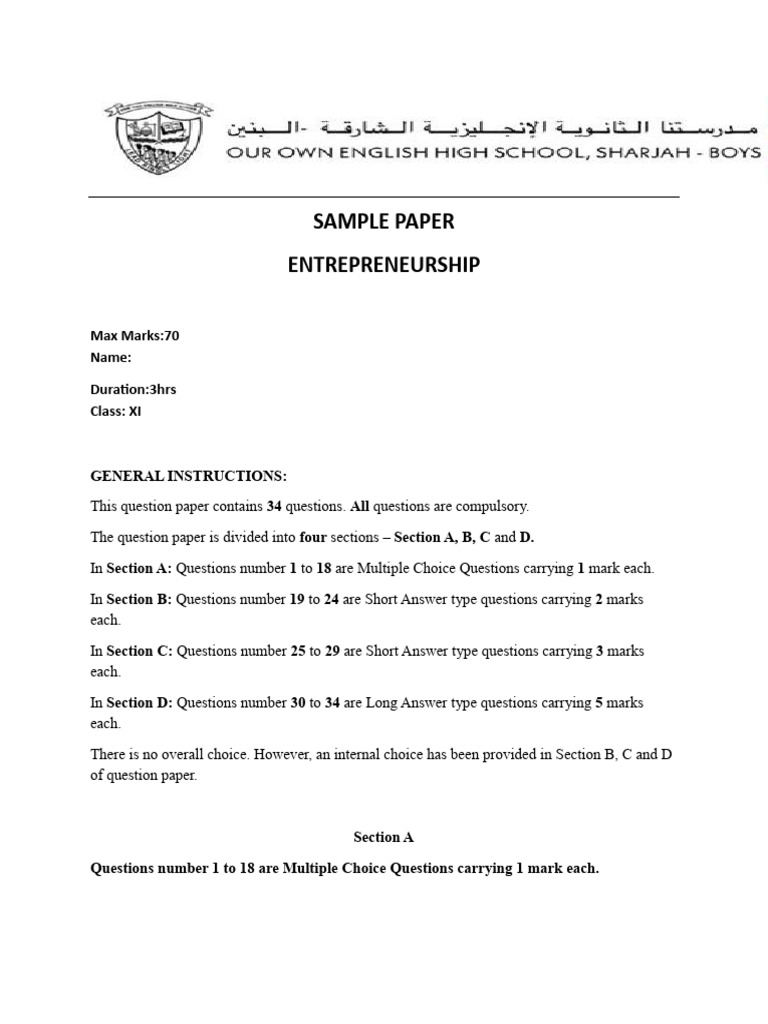 Sample Question Paper Entrepreneurship | PDF | Entrepreneurship | Reason