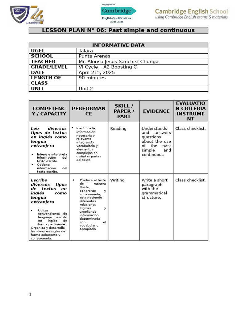 Past Simple and Continuous Lesson Plan | PDF | Language Mechanics | Grammar