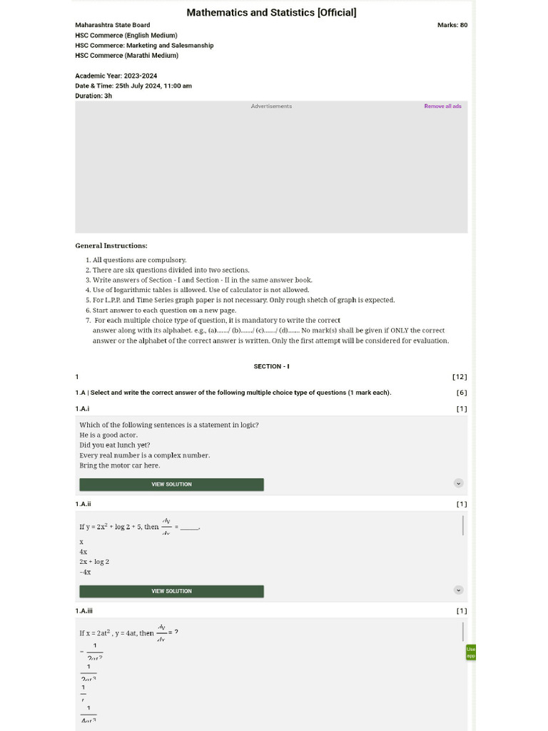 Maths Board Paper 25th July 2024 | PDF
