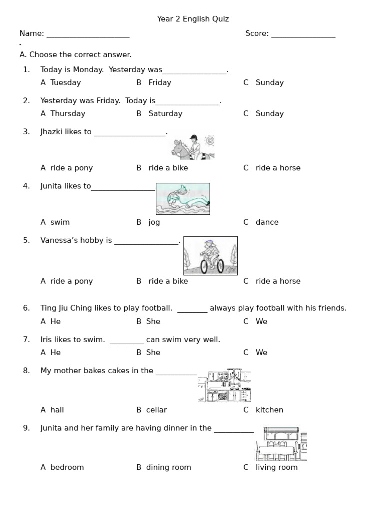 Year 2 English Quiz 2025 | PDF