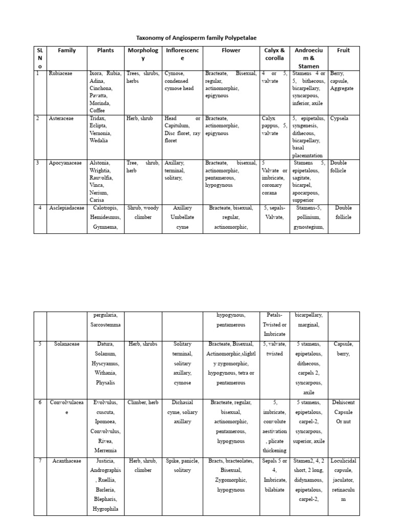 Angiosperm Family Taxonomy Overview | PDF | Petal | Plants