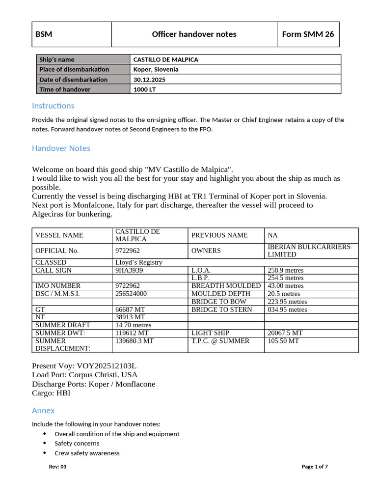 Officer Handover Notes for MV Castillo de Malpica | PDF | Navigation ...