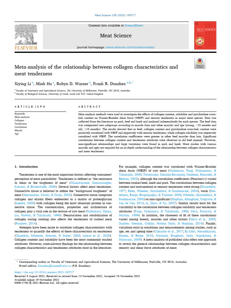 Collagen and Meat Tenderness Analysis | PDF | Meat | Livestock