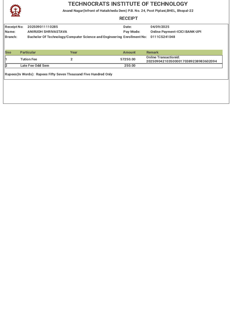 Bhopal Tech Institute Payment Receipt | PDF
