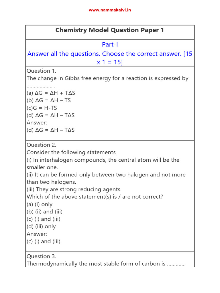 Namma Kalvi 12th Chemistry Model Question Papers With Answers Em 220135 ...