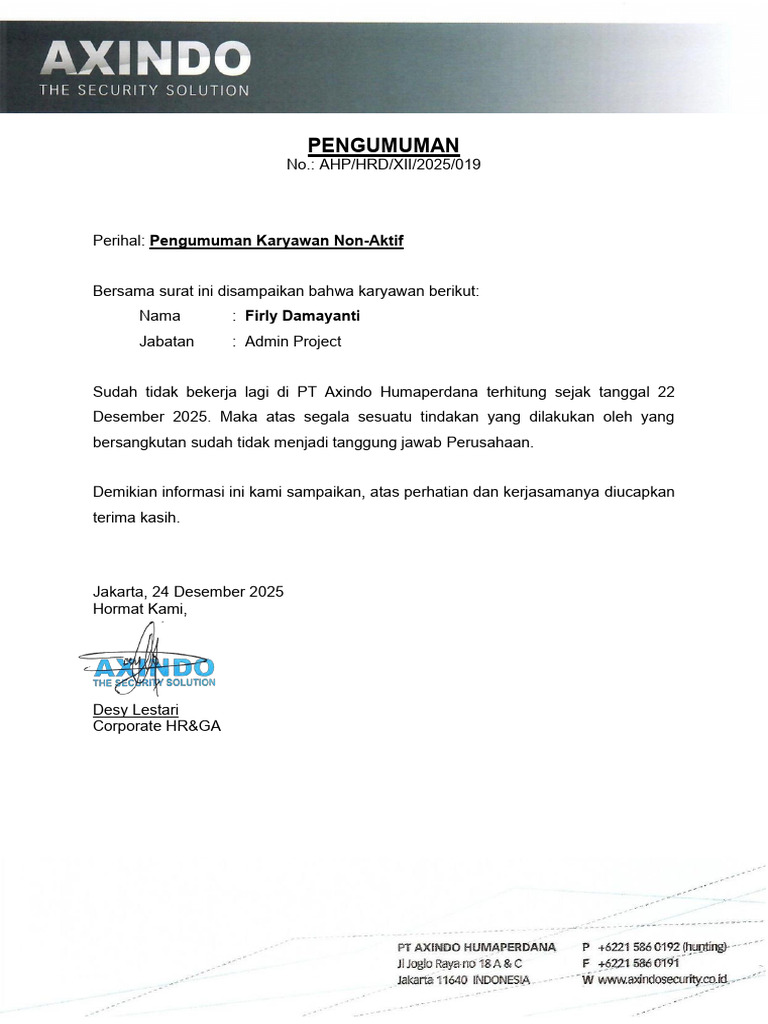 Pengumuman Karyawan Non-Aktif PT Axindo | PDF