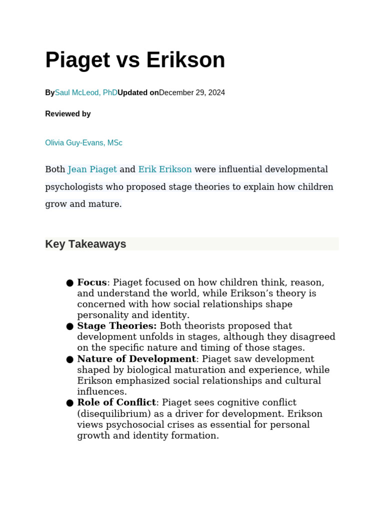 Piaget vs Erikson: Developmental Theories | PDF