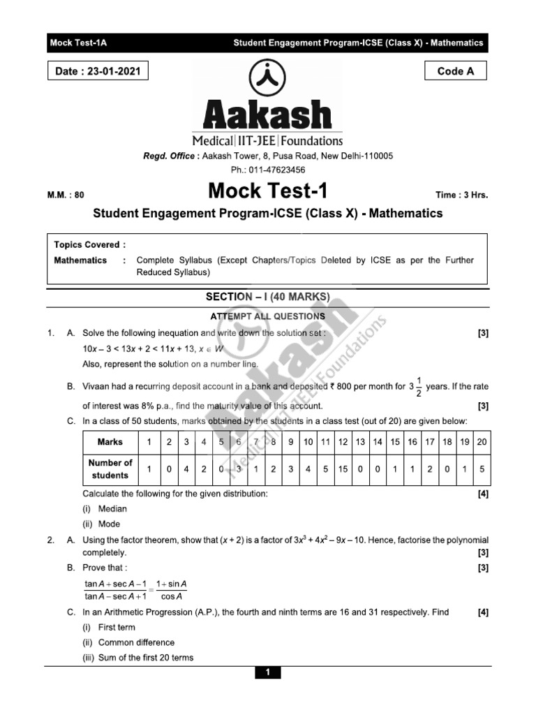 Icse XTH Aakash Maths Mock Test | PDF
