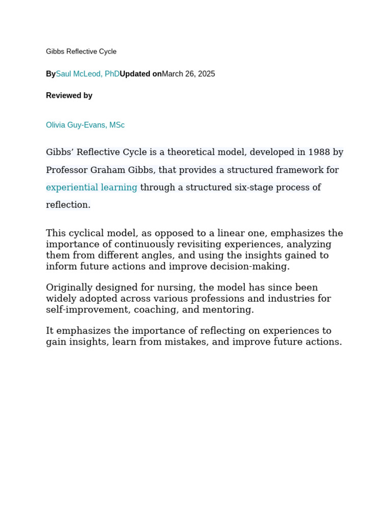 Understanding Gibbs' Reflective Cycle | PDF | Experience | Reflective ...