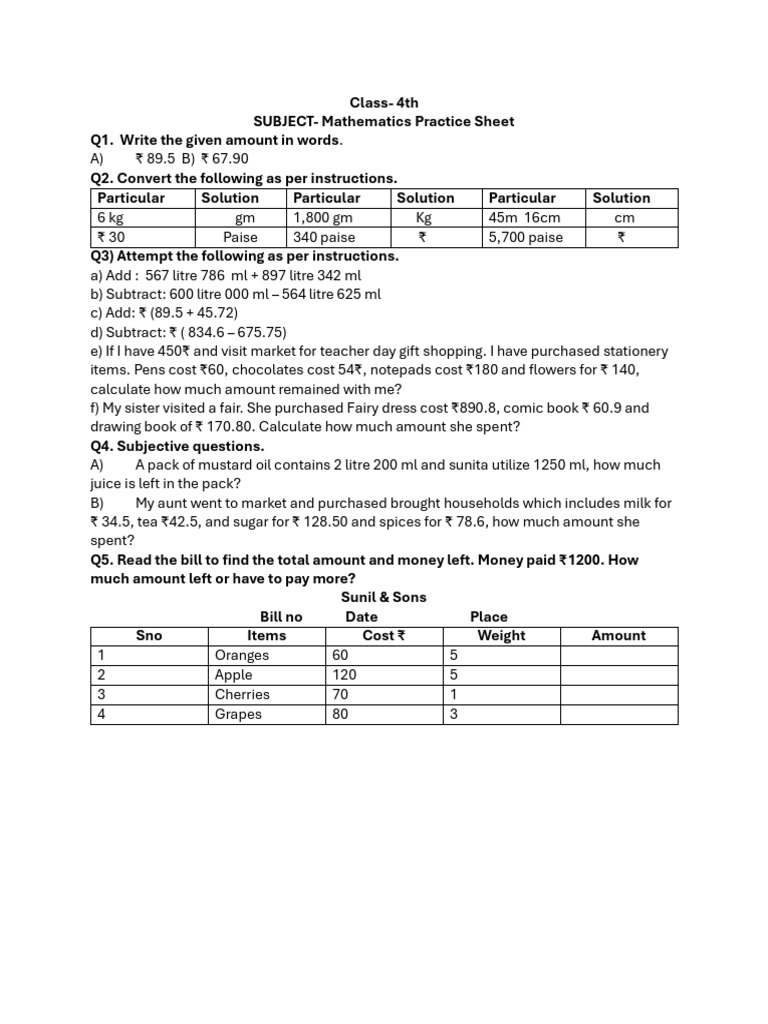 4th Grade Math Practice Sheet | PDF