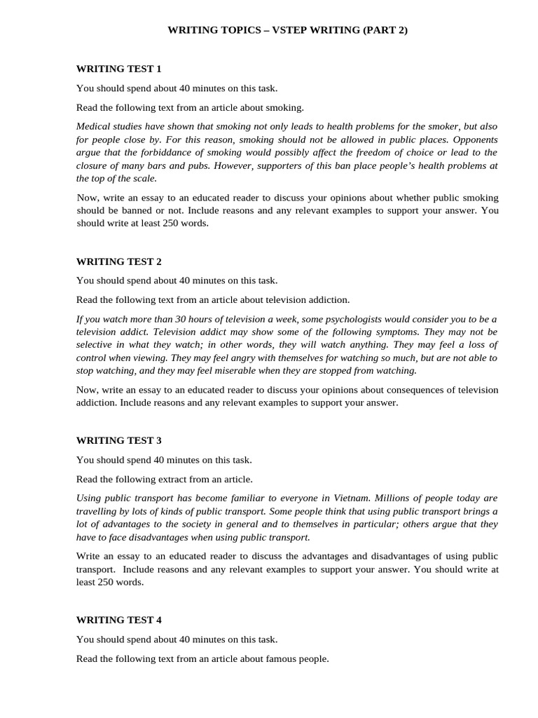 VSTEP Writing Topics for Essays | PDF | Essays | Vocabulary