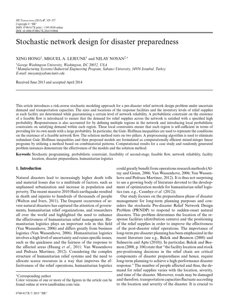 Stochastic Network Design for Disaster Relief | PDF | Mathematical ...