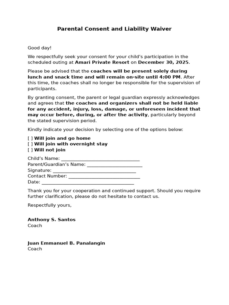 Parental Consent and Liability Waiver Outing | PDF
