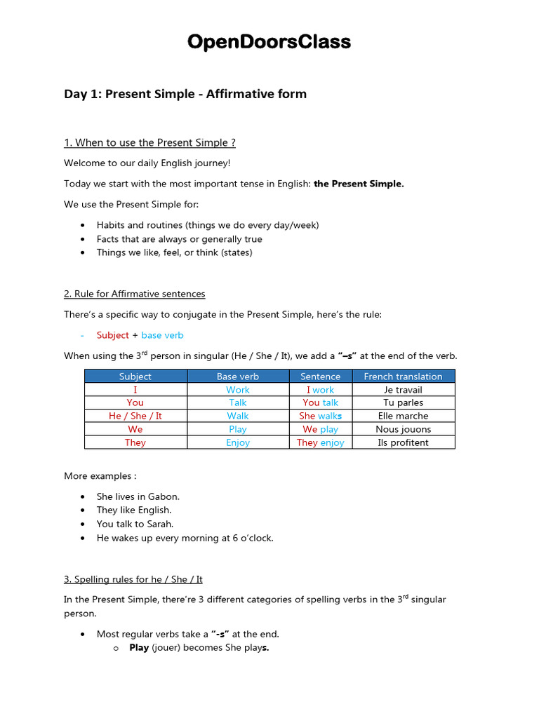 Day 1 - Present Simple and All Its Forms - Affirmative Form | PDF | English Language | Verb