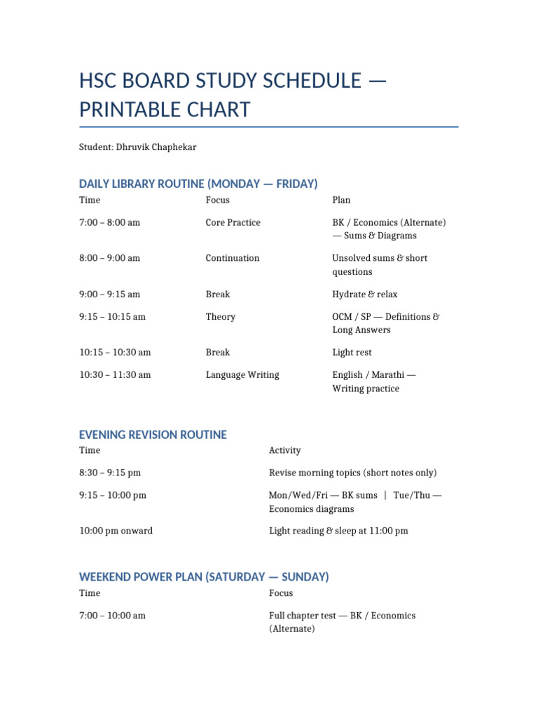 HSC Board Study Schedule Dhruvik | PDF