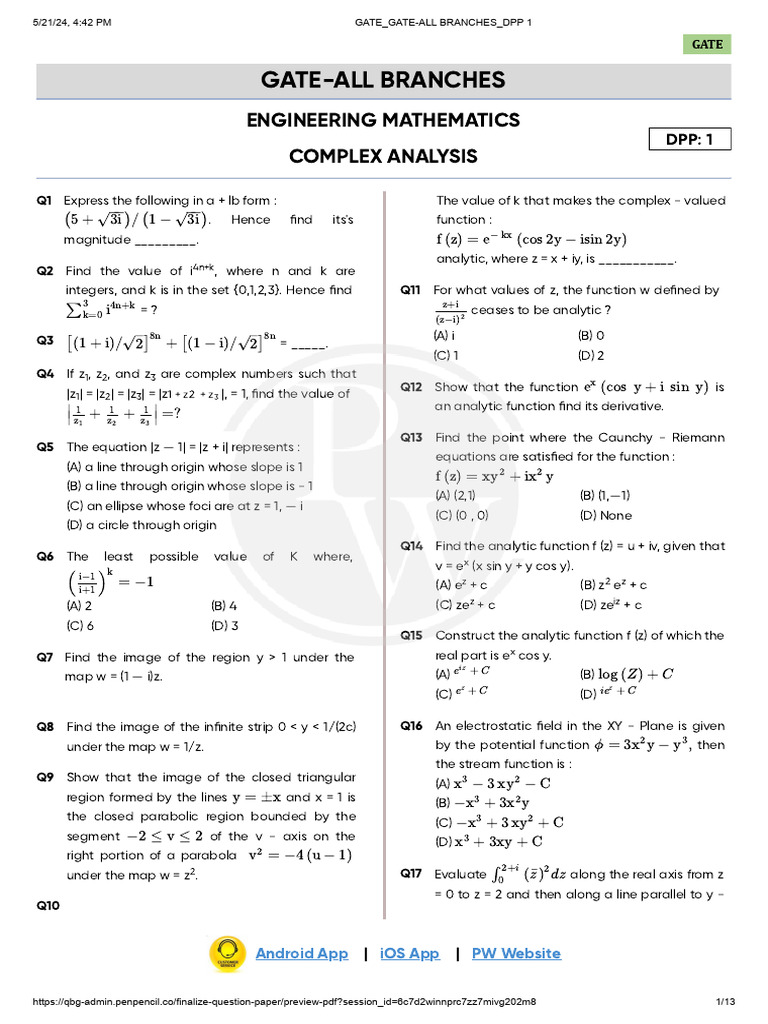 Complex Analysis DPP 01 (By Puneet Sir) | PDF | Complex Analysis ...