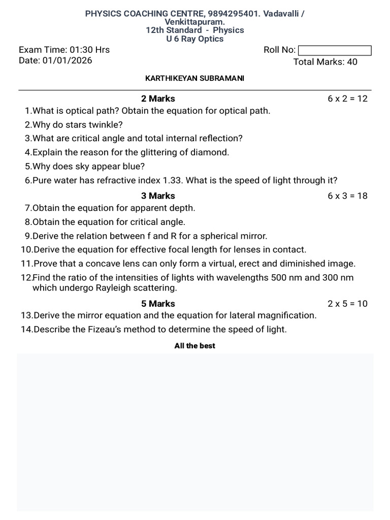 Physics - U 6 Ray Optics | PDF