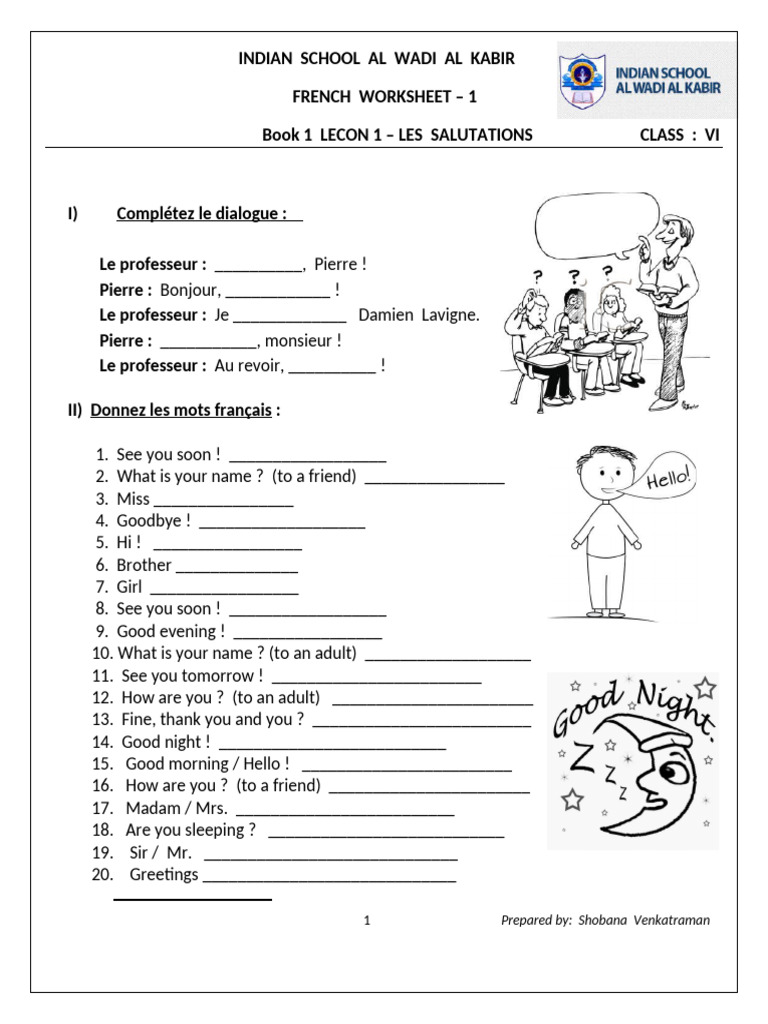 French Worksheet for Class VI Students | PDF