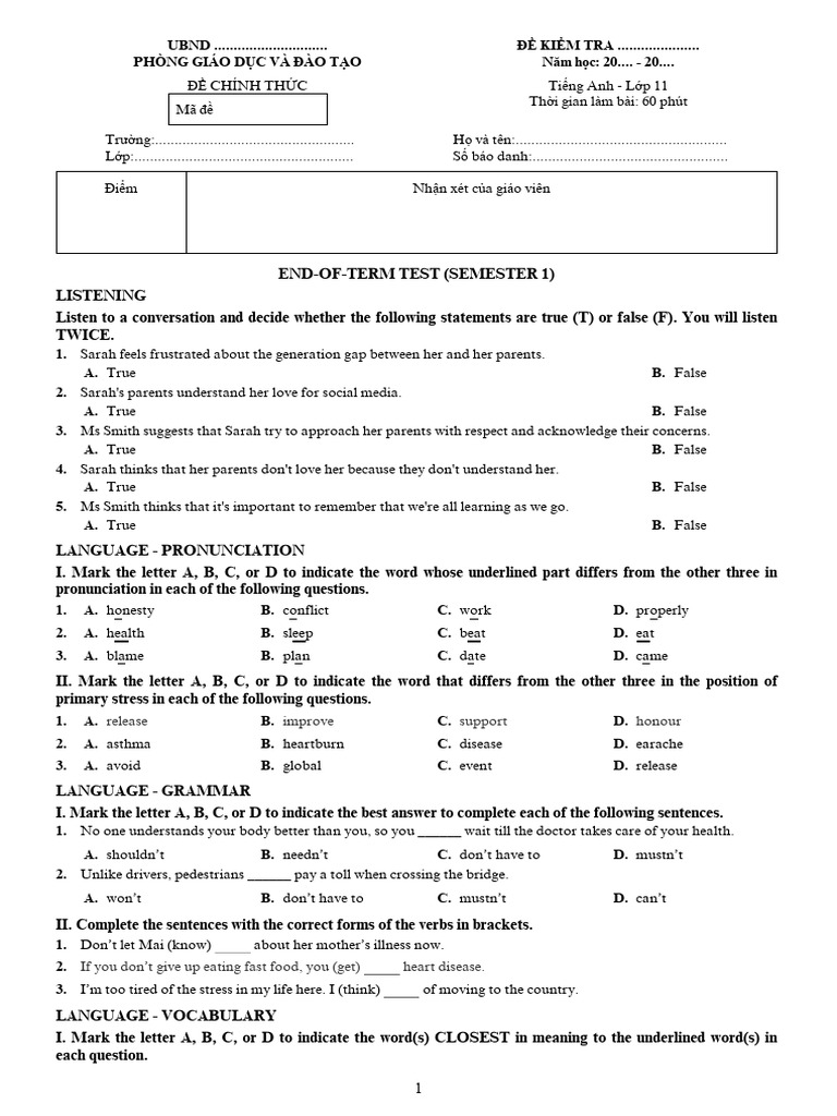 English Test for 11th Grade Students | PDF | Linguistics
