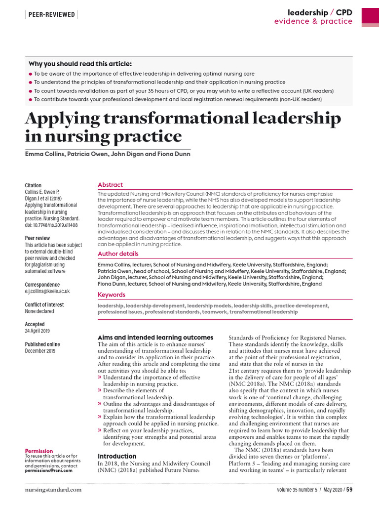Transformational Leadership in Nursing | PDF | Transformational ...