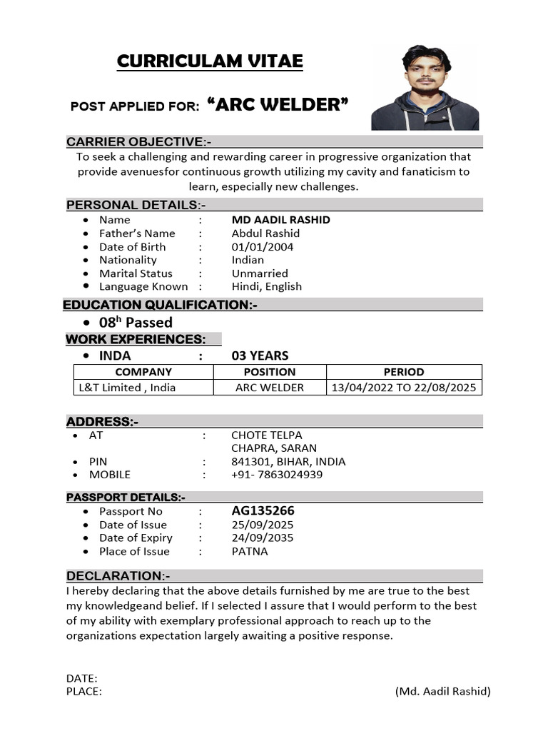 Md. Aadil Rashid (Arc Welder) | PDF