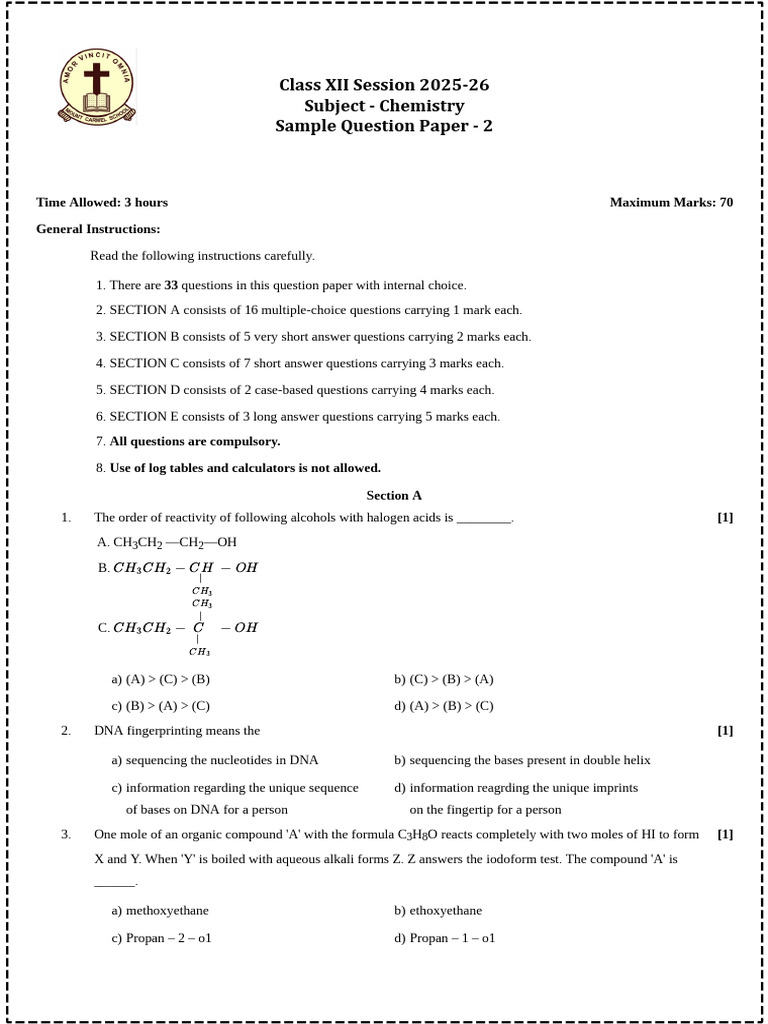 CLASS 12 CHEMISTRY SAMPLE PAPER 2 | PDF | Chemical Elements | Molecules