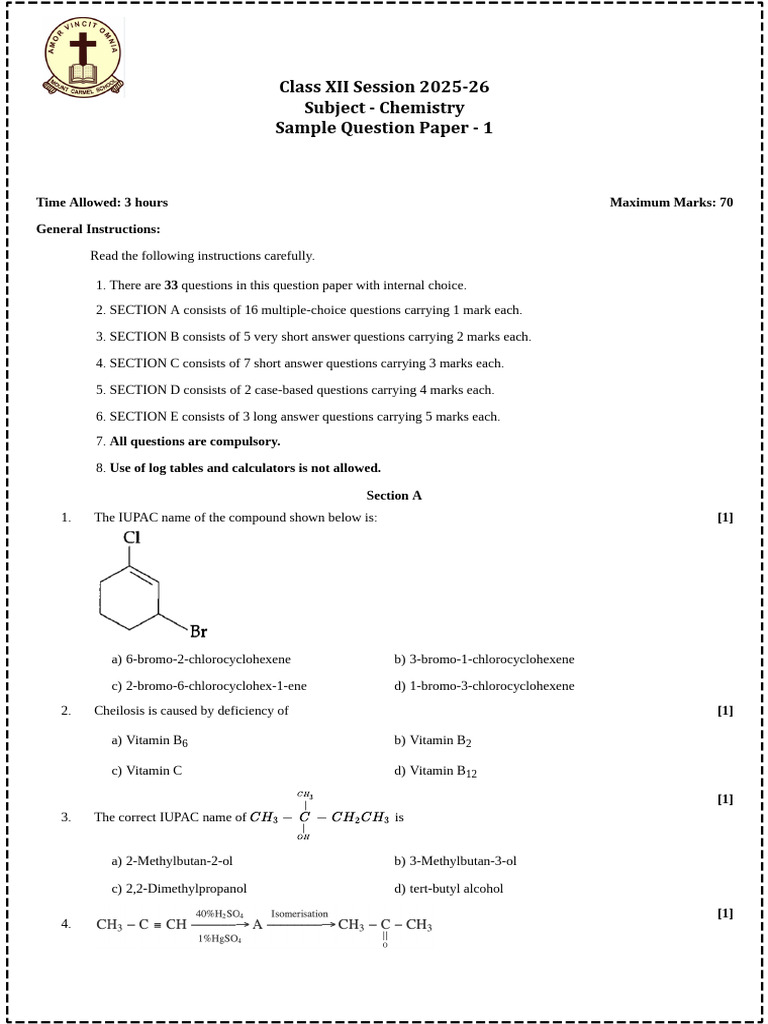 Class 12th Chemistry Sample Paper 1 | PDF