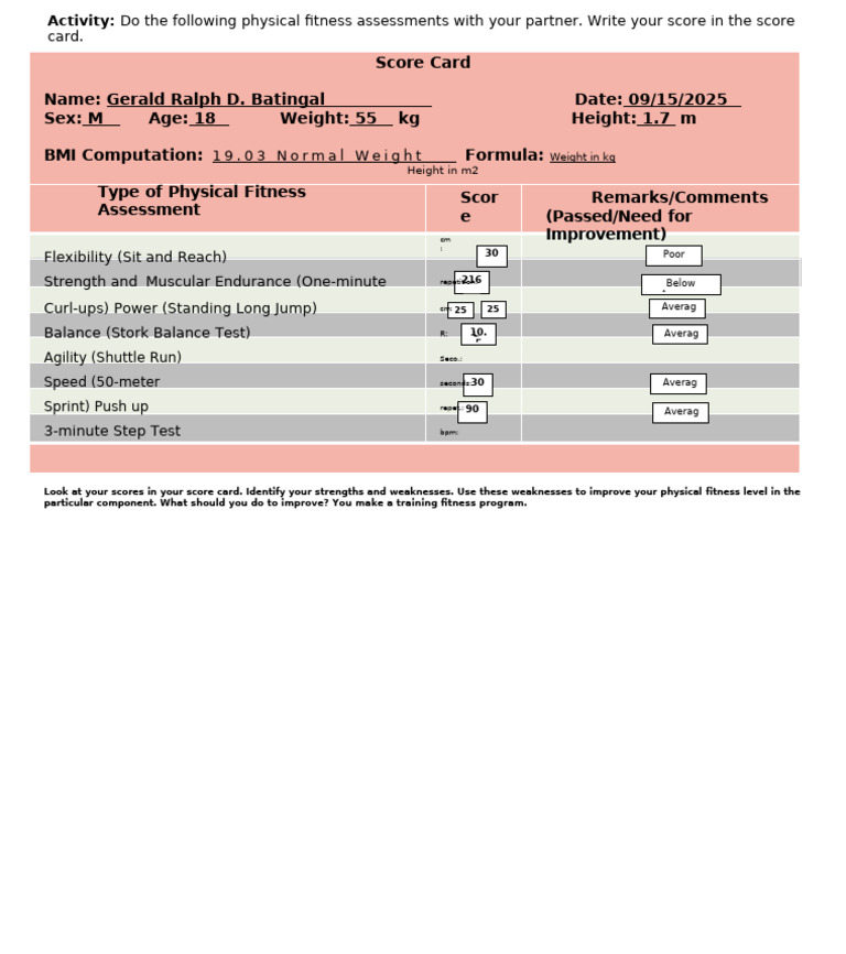 Physical Fitness Assessment (Pathfit1) | PDF | Physical Fitness ...