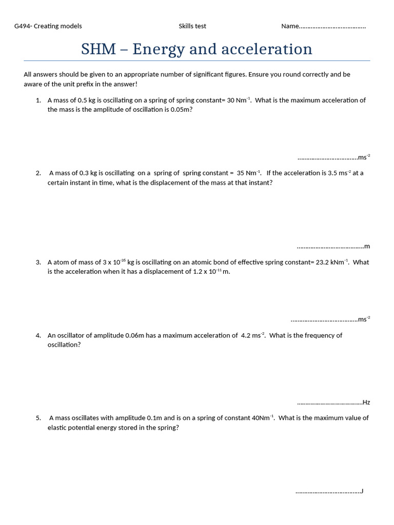 SHM Energy and Acceleration Skills Test | PDF | Oscillation | Amplitude