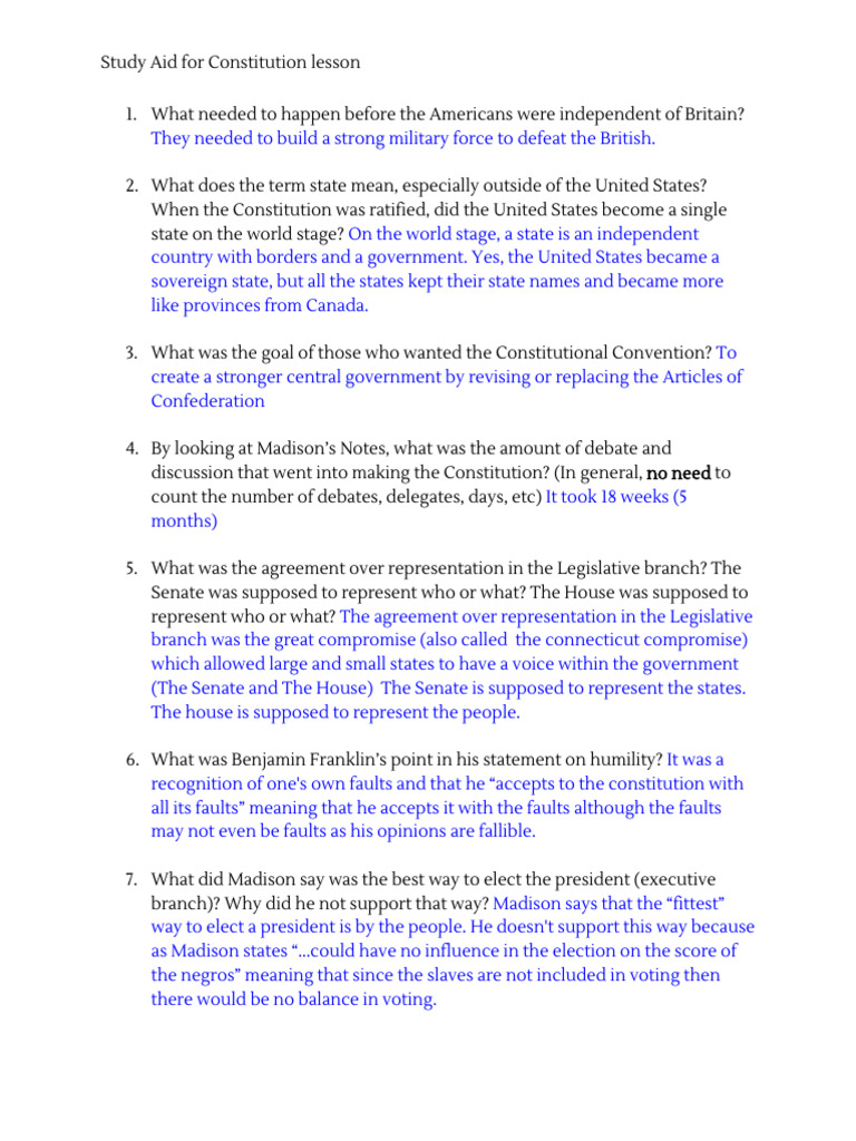 Study Aid For Constitution Lesson | PDF | Constitutional Convention ...