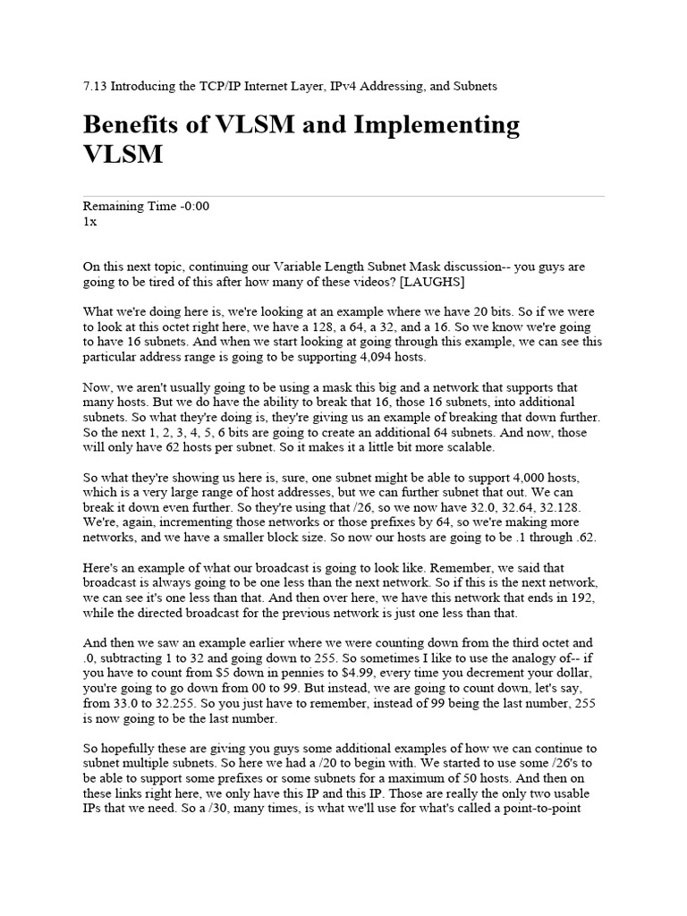 7.13 Benefits of VLSM and Implementing VLSM | PDF | Ip Address | Networks
