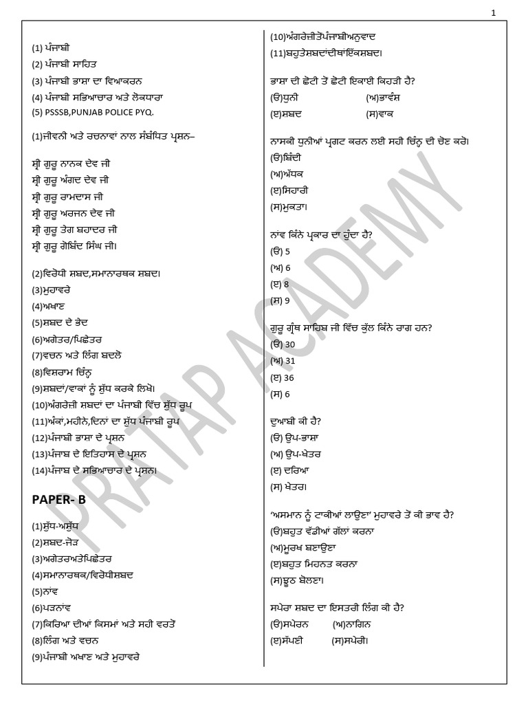 Punjabi Notes by Kiranpreet Maa, M 2025 (Pratap Academy) | PDF