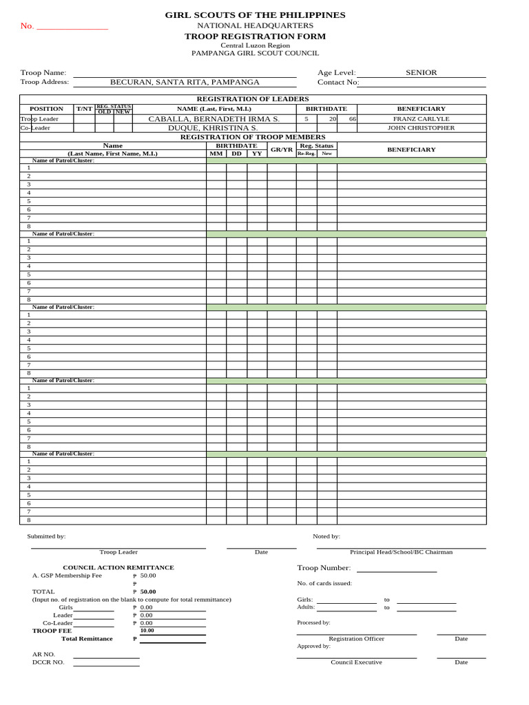 Girl Scouts Troop Registration Form | PDF | Scouting | Scouting And Guiding