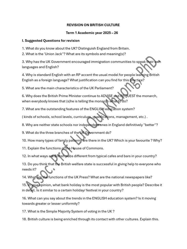 Topics For English Culture Revision Plus Hints | PDF