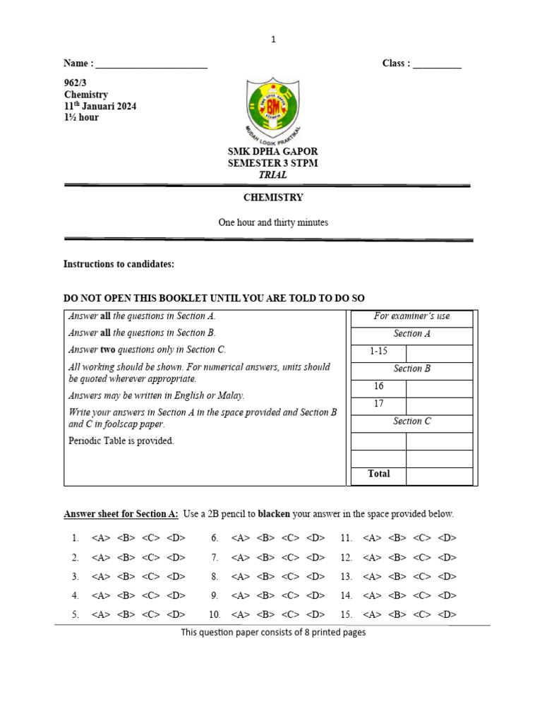 DPHA Gapor Mock 3 2023 Q | PDF | Chemical Reactions | Hydroxide