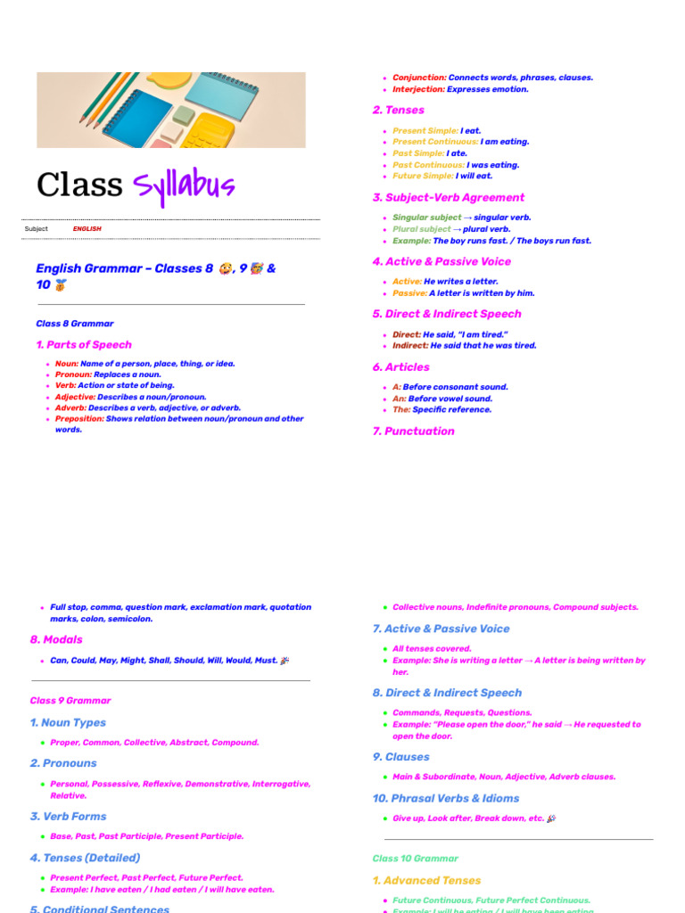 English Grammar Syllabus for Grades 8-10 | PDF | English Grammar | Verb