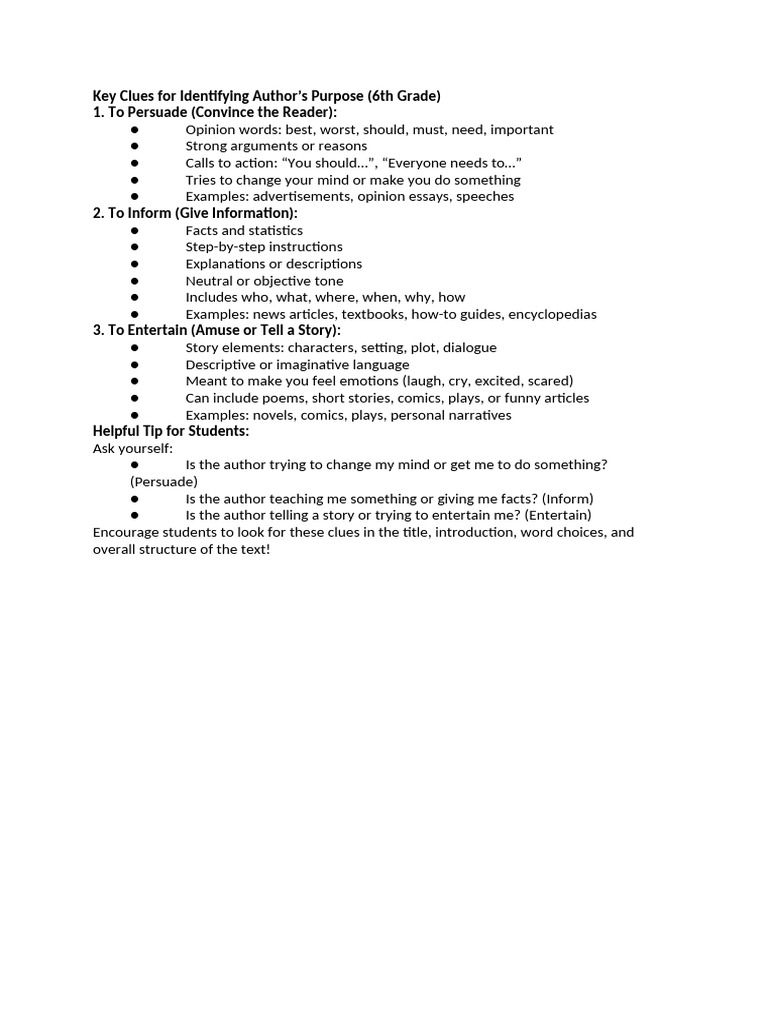 Identifying Author's Purpose in Texts | PDF