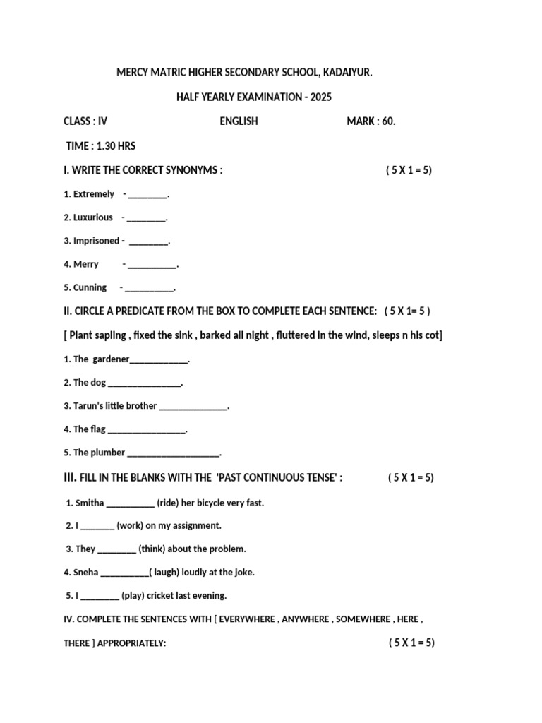 Class IV English Half-Yearly Exam 2025 | PDF