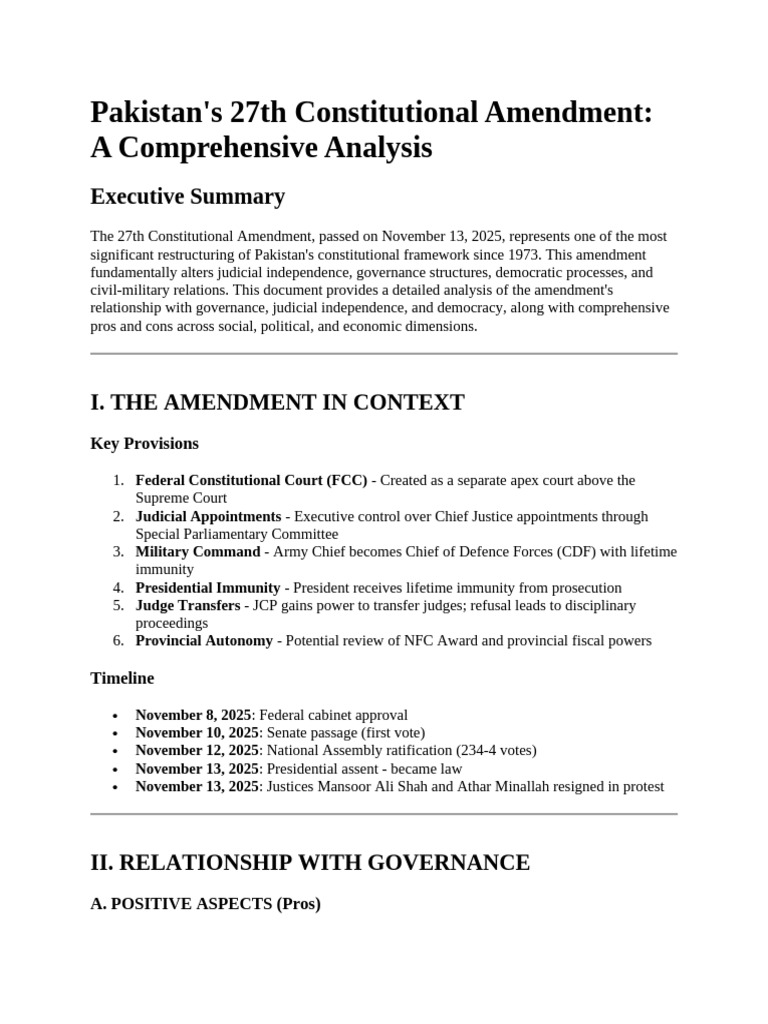Analysis of Pakistan's 27th Constitutional Amendment | PDF | Democracy ...