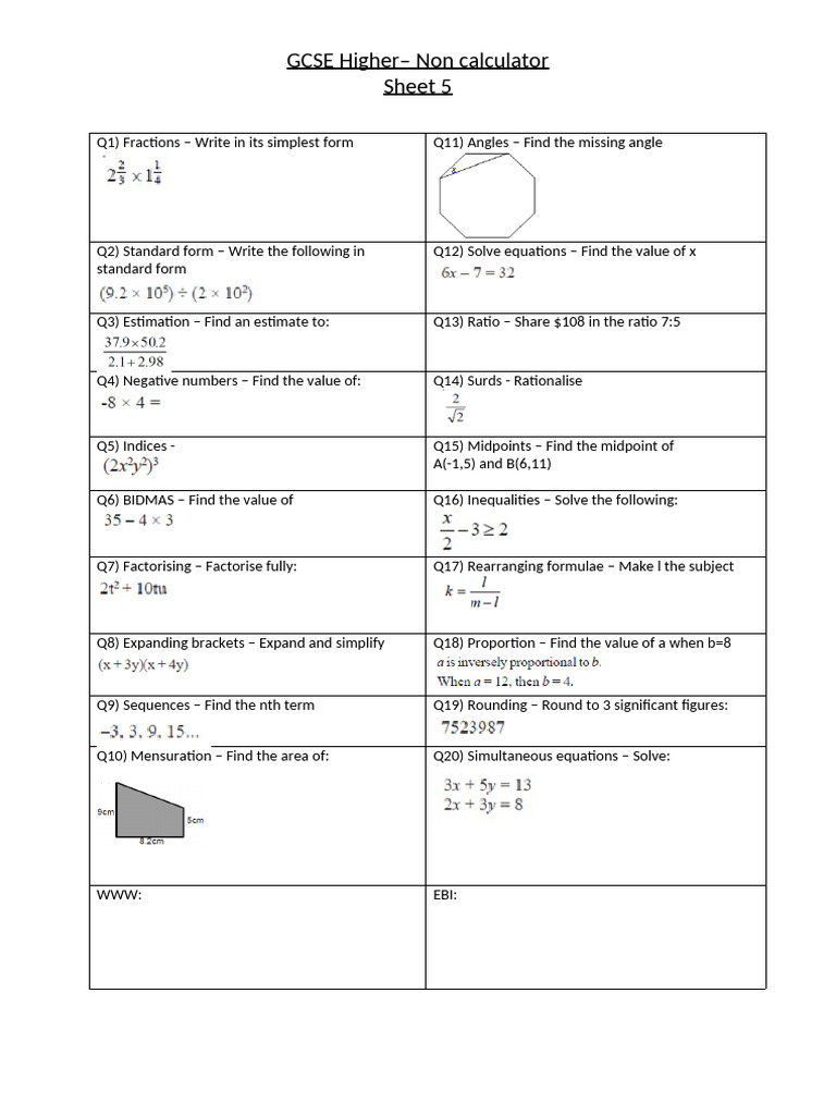 GCSE Higher Maths Non-Calculator Practice | PDF
