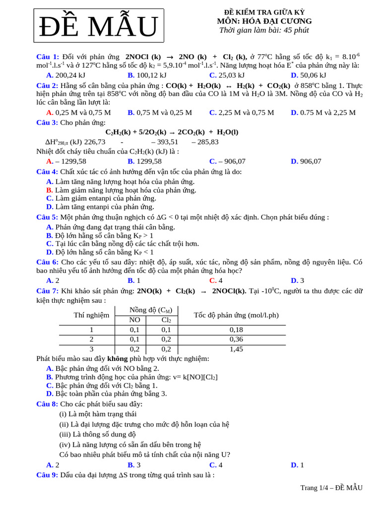Đề Mẫu Kiểm Tra Lần 2 Hóa Đc | PDF