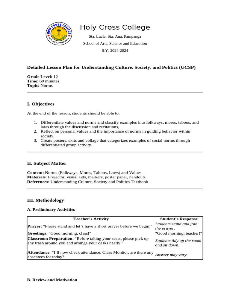 UCSP Lesson Plan: Understanding Norms | PDF | Value (Ethics)