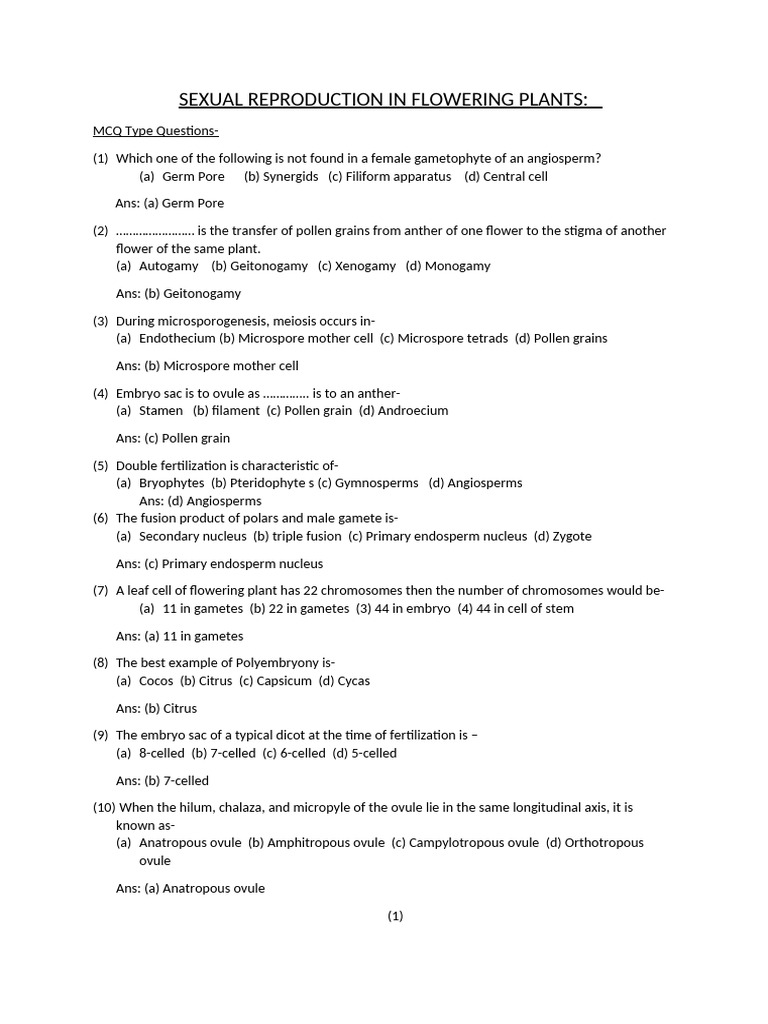 Sexual Reproduction in Flowering Plants MCQ Type Questions | PDF ...
